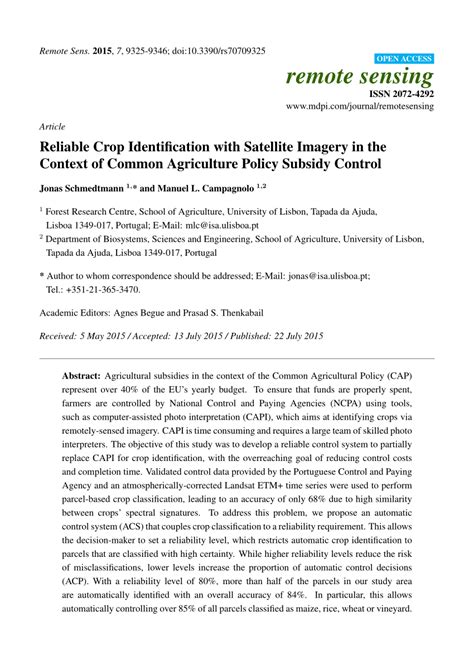 Pdf Reliable Crop Identification With Satellite Imagery In The