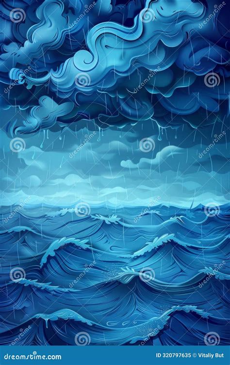 A Minimalist Illustration Of A Stormy Sea With Dark Blue Clouds And