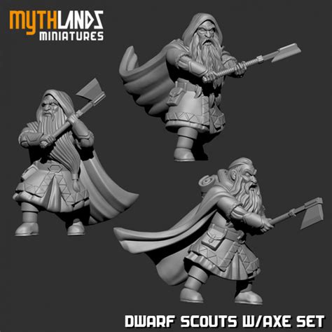 3d Printable 3x Dwarf Scouts W Two Handed Axe By Mythlands Miniatures