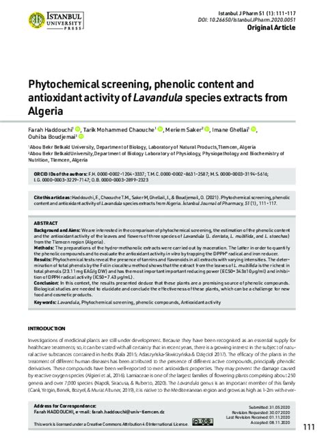 Pdf Phytochemical Screening Phenolic Content And Antioxidant Activity Of Lavandula Species