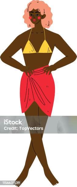아름다운 아프리카 계 미국인 소녀 수영복 파레오 젊은 여자 수영복을 입고 즐기는 여름 휴가 벡터 일러스트 귀여운에 대한 스톡