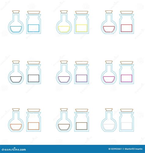 Science Laboratory Glass Flask With Various Color Liquid Outline Icons Eps10 Stock Vector