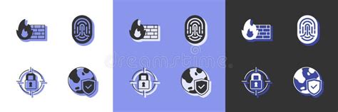 Set Shield With World Globe Firewall Security Wall Lock And Fingerprint Icon Vector Stock
