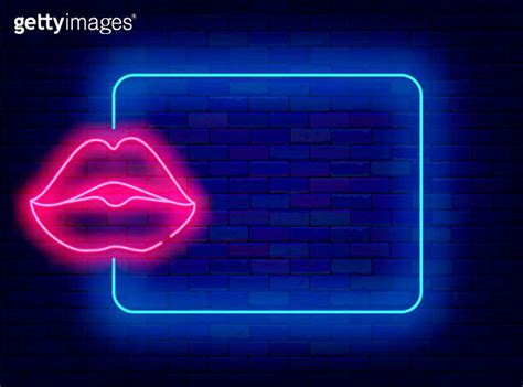 Sex Shop Neon Banner Empty Blue Frame With Pink Lips Hugs And Kisses Beauty Salon And