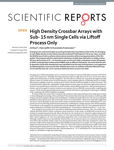 Pdf High Density Crossbar Arrays With Sub 15 Nm Single Cells Via Liftoff Process Only