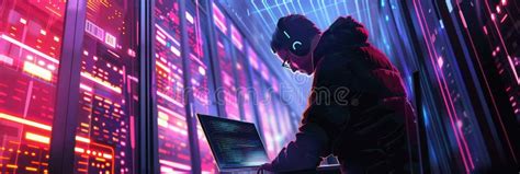 A Hacker Works Intensely On A Laptop Surrounded By Glowing Server Racks In A Dimly Lit Data