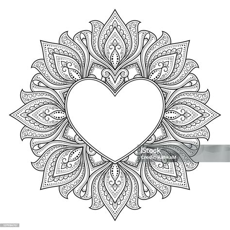 하트 모양의 프레임이있는 만다라 형태의 원형 패턴 민족 동양 멘디 스타일의 장식 장식 장식 윤곽 낙서 손 그리기 벡터 그림 안티 스트레스 색칠 공부 책 페이지 강렬하고 밝은