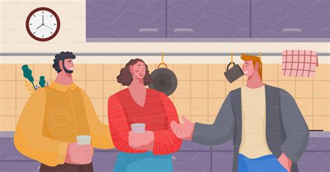 가정 리셉션에서 함께 여가 시간을 보내는 친구들 사람들은 부엌에 서서 술을 마신다 남자와 여자는 대화를 나눕니다 가구가 있는 아늑한 객실 인테리어 플랫 스타일의 벡터