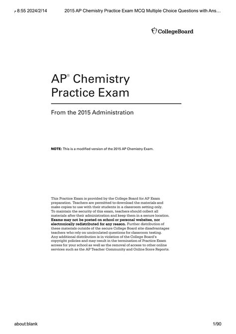 Solution 2015 Ap Chemistry Practice Exam Mcq Multiple Choice Questions
