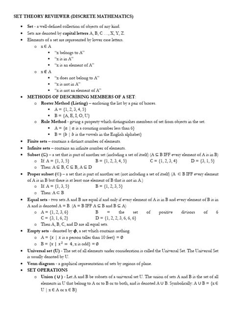 Set Theory Reviewer Pdf Set Mathematics Empty Set