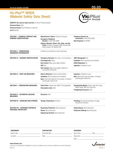 Vic PlusÃ¢Â„Â¢ Msds Material Safety Data Sheet 0503 Victaulic
