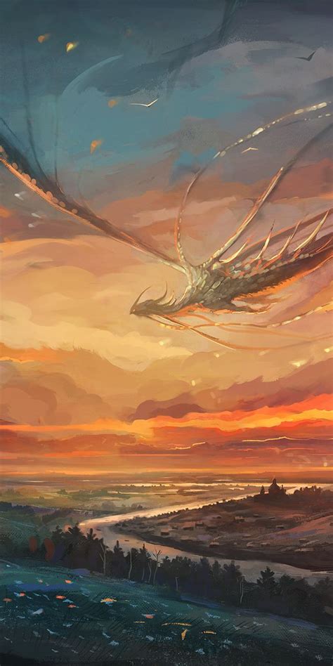 Обои на рабочий стол Река Фэнтези Облака Дракон Воин Ландшафт Рыцарь Восход Солнца