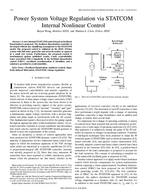 pdf power system voltage regulation via statcom internal nonlinear