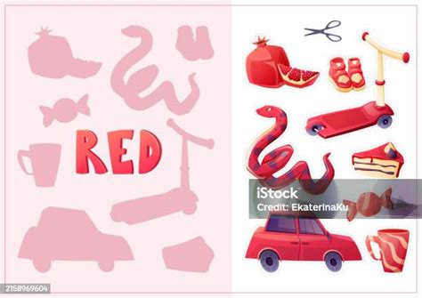 아이들이 색상을 공부할 수 있는 격리된 빨간색 요소 세트입니다 미취학 아동을 위한 아동 도서 또는 교과서 벡터 격리 만화 요소 모음입니다 그림자 매칭 교육용 게임 종이에