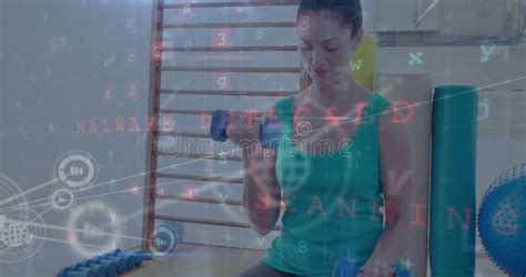 Composite Of Cyber Attack Warning Text And Data Processing Over Woman Exercising Stock Footage