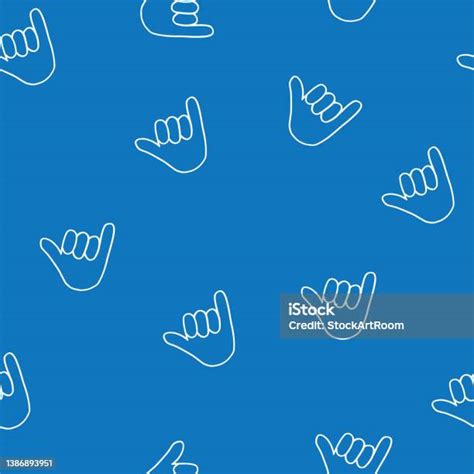 느슨한 손 원활한 벡터 패턴을 걸어 서핑 배경 파란색 배경을 반복 서핑 샤카 손 표지판 서핑 숍 직물 시원한 장식을위한 느슨한 손 제스처 디자인을 걸어 샤카 사인에 대한