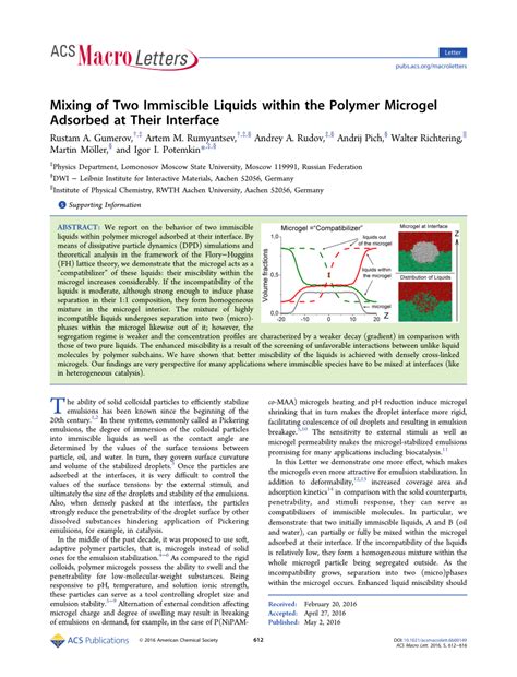 Pdf Mixing Of Two Immiscible Liquids Within The Polymer Microgel Adsorbed At Their Interface