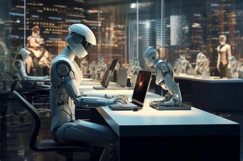Premium Ai Image Visualize A Futuristic Office Scene Where Robots Are Seated At A Sleek Desk