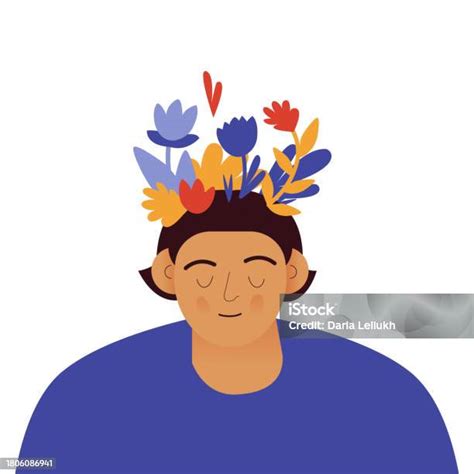 정신 건강 행복 조화 창조적 인 추상적 인 개념 꽃과 함께 행복 한 남성 머리 마음 챙김 긍정적 인 생각 자기 관리 아이디어 현대 벡터 일러스트 레이 션 개념에 대한 스톡