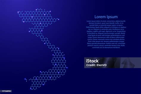 미래 육각 형 모양 선 노드의 파란색과 빛나는 별 허니콤 또는 배너 포스터 인사말 카드에 대한 분자 구조의 형태로 베트남지도 벡터 그림입니다 0명에 대한 스톡 벡터 아트 및