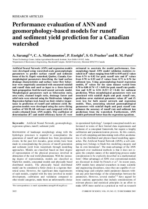 Pdf Performance Evaluation Of Ann And Geomorphology Based Models For Runoff And Sediment Yield