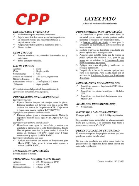Ficha Tecnica Pinturas Cpp Latex Pato Ficha Tecnica Pdf Pintar Materiales