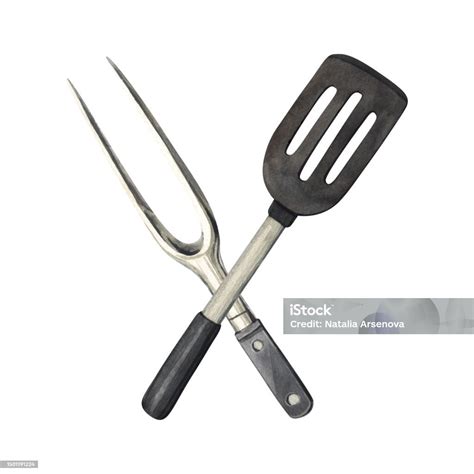 그릴용 수채화 주걱과 포크 바베큐 요리를 위한 주방 도구 손으로 그린 그림은 흰색 배경에 분리되어 있습니다 카페 레스토랑 키트 바베큐 메뉴에 딱 맞습니다 수채화에 대한 스톡