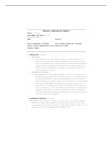 Phys 111a Projectile Motion Lab Report Phys111a Stuvia Us
