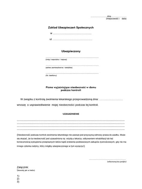 Pismo Do Zus Wyjasniajace Nieobecnosc W Domu Podczas Kontroli Wzor Pdf