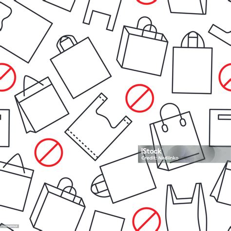 플랫 라인 아이콘으로 플라스틱 가방 완벽 한 패턴을 사용 하지 마십시오 포스터 배경에 대 한 폴 리 에틸렌 오염 인식 벡터 일러스트 레이 션 플라스틱 쇼핑 패키지의 얇은