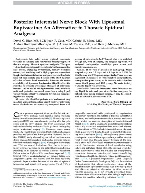 Pdf Posterior Intercostal Nerve Block With Liposomal Bupivacaine An Alternative To Thoracic