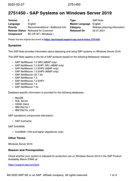 2751450 Sap Systems On Windows Server 2019 Download Free Pdf Microsoft Windows Ibm Db2