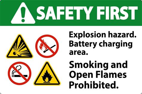 Safety First Sign Explosion Hazard Battery Charging Area Smoking And