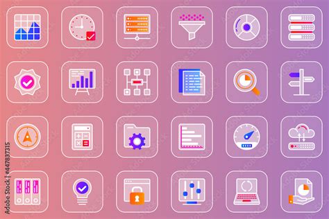 big data analysis web glassmorphic icons set pack outline pictograms