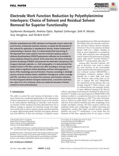 Pdf Electrode Work Function Reduction By Polyethylenimine Interlayers Choice Of Solvent And