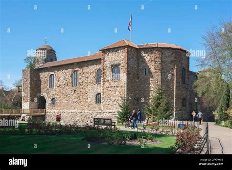 Colchester Castle View In Summer Of People In The Castle Park Looking
