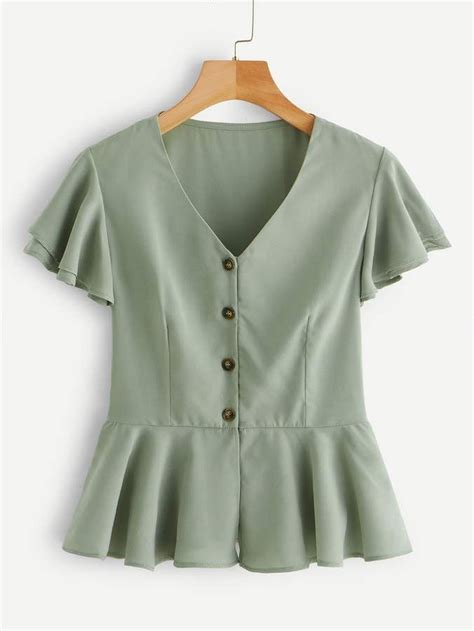 Single Breasted Ruffle Hem Blouse Ruffle Hem Blouse Blouse Designs