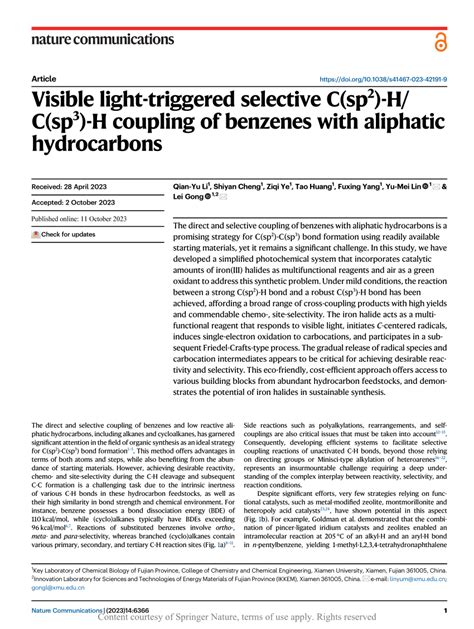 PDF Visible Light Triggered Selective C Sp H C Sp H Coupling Of Benzenes With Aliphatic