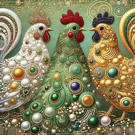 Three French Hens Art Print Vintage Christmas Art Nouveau Digital