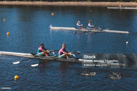 조정 팀 여자 여자 선수들이 경기 중 스컬링하고 카약 보트가 조정 운하에서 경주하고 여름 화창한 날에 레가타를 하고 강에서 훈련하는 여자 카누 수상 스포츠 팀 아이에 대한