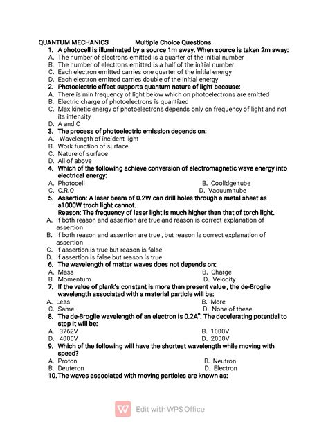 SOLUTION Quantum Mechanicsmultiple Choice Questions Studypool