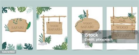 사파리 배경 세트의 나무 배너 컬렉션입니다 생일 초대장 엽서 및 스티커를 위한 편집 가능한 벡터 그림 사파리 여행에 대한 스톡 벡터 아트 및 기타 이미지 Istock