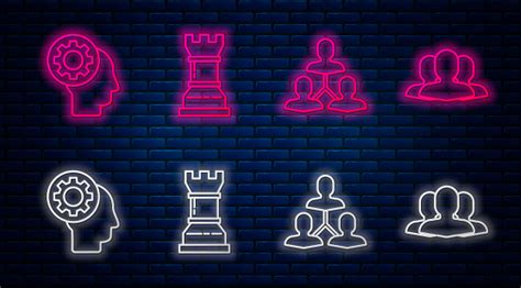 설정 라인 비즈니스 전략 프로젝트 팀 기반 내부 기어와 사용자 그룹과 인간의 머리 벽돌 벽에 빛나는 네온 아이콘입니다 벡터 여가활동 게임에 대한 스톡 벡터 아트 및 기타