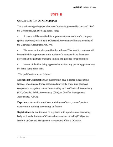 Commerce Auditing B Com 6th Sem Unit 2 Unit Ii Qualification Of An Auditor The Provision