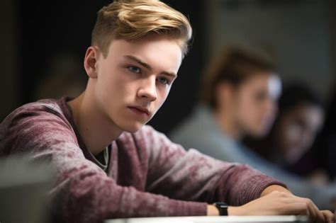 Premium Ai Image Shot Of A Young Male Student In Class Using His