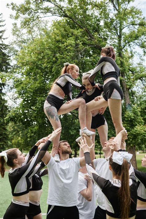 Cheerleader Team Training Together Outdoors Stock Image Image Of