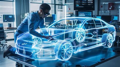 Male Engineer Wearing Virtual Reality Headset Working On A Holographic Car Model Premium Ai
