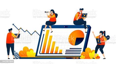 재무 차트 및 그래프 보고서로 회사 성과를 충족하는 사람 벡터 일러스트 개념은 방문 페이지 템플릿 Ui Ux 웹 모바일 앱 포스터 배너 웹 사이트 전단지에 사용할 수