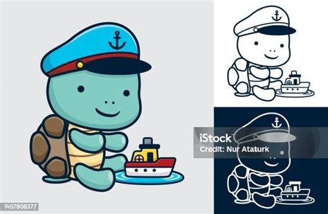 작은 보트와 함께 선원 모자를 쓴 귀여운 거북이 평면 아이콘 스타일의 벡터 만화 그림 거북이에 대한 스톡 벡터 아트 및 기타 이미지 거북이 귀여운 놀기 Istock