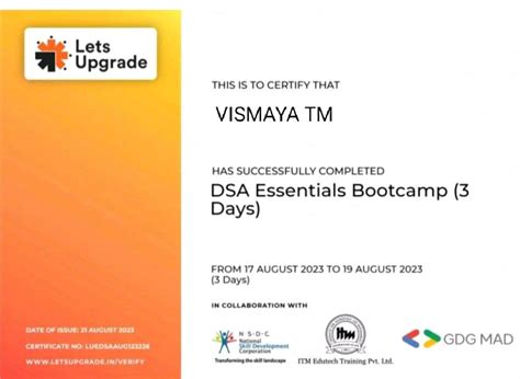 Certification Of Dsa Bootcamp Vismaya T M